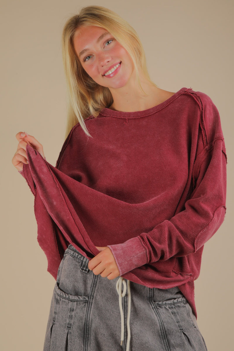 what's left to say mineral wash elbow patch knit top | burgundy – Me ...